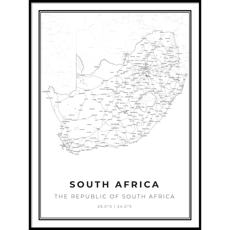 South Africa Map Poster Print Country Street Road Map Wall - Etsy