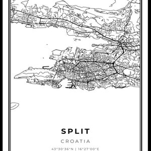 Split Map Print, Croatia Map Art Poster, City Street Road Map Wall Art ...