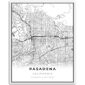 Pasadena Map Print, California CA USA Map Art Poster, City Street Road ...
