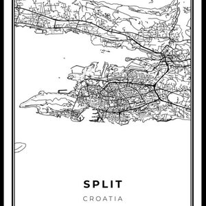 Split Map Print, Croatia Map Art Poster, City Street Road Map Wall Art ...