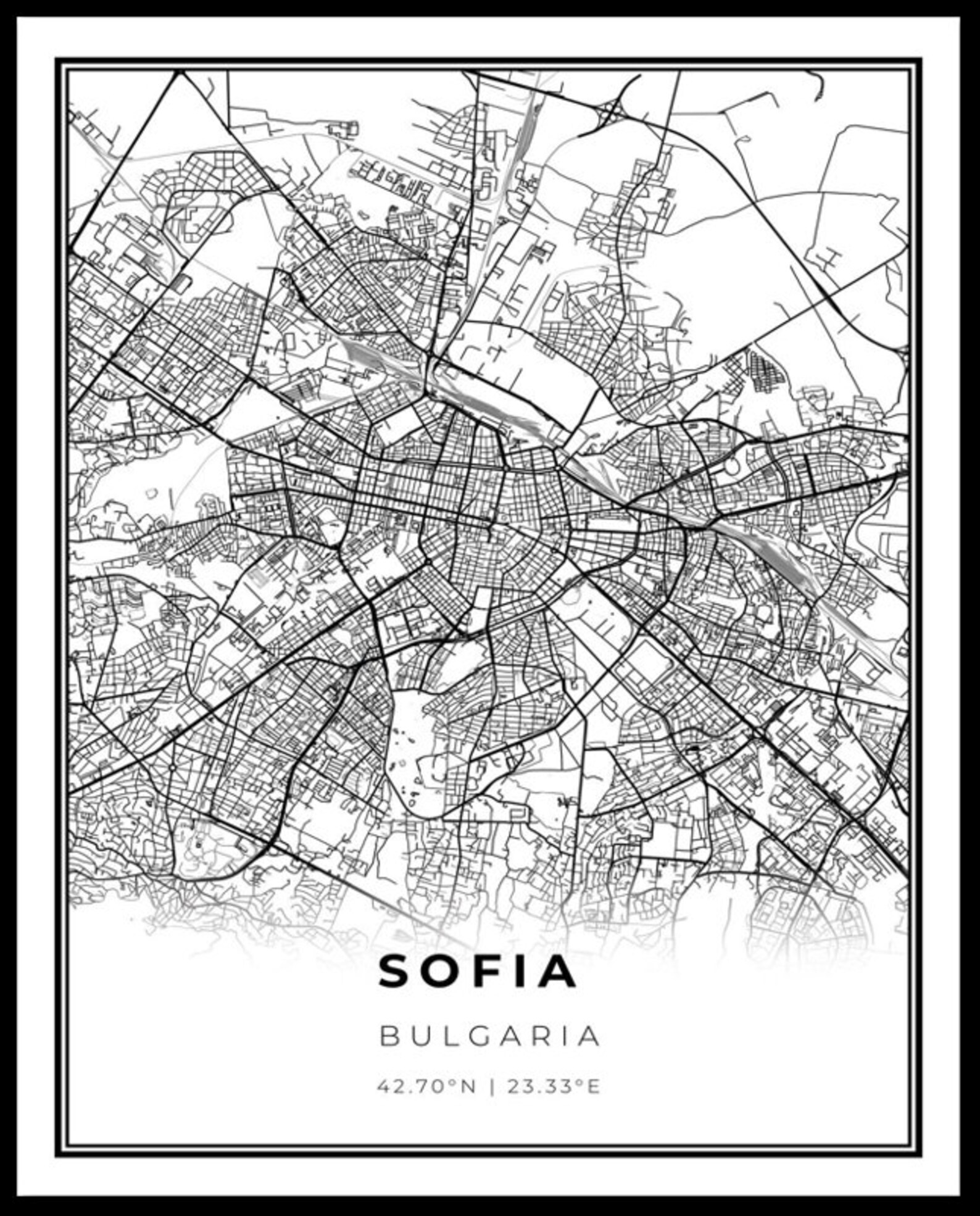 Sofia Map Print, Bulgaria Map Art Poster City Street Road Map Wall Art ...