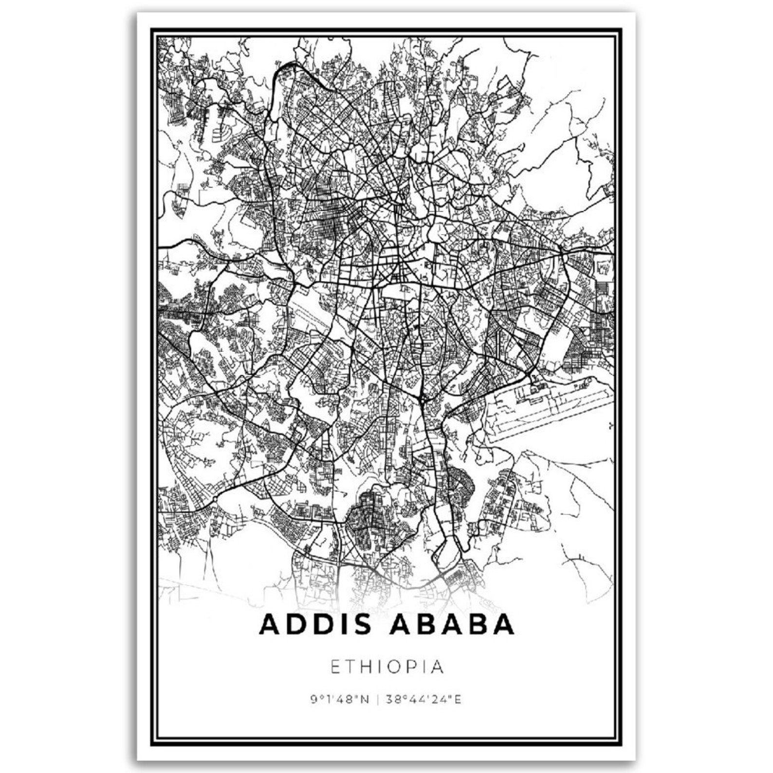 Addis Ababa Map Print Ethiopia Map Art Poster Abeba Africa - Etsy
