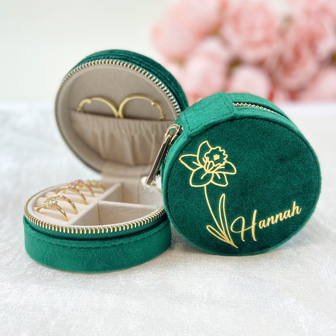 Personalised Birth Flower Jewellery Box, Jewellery Travel Case, Floral ...