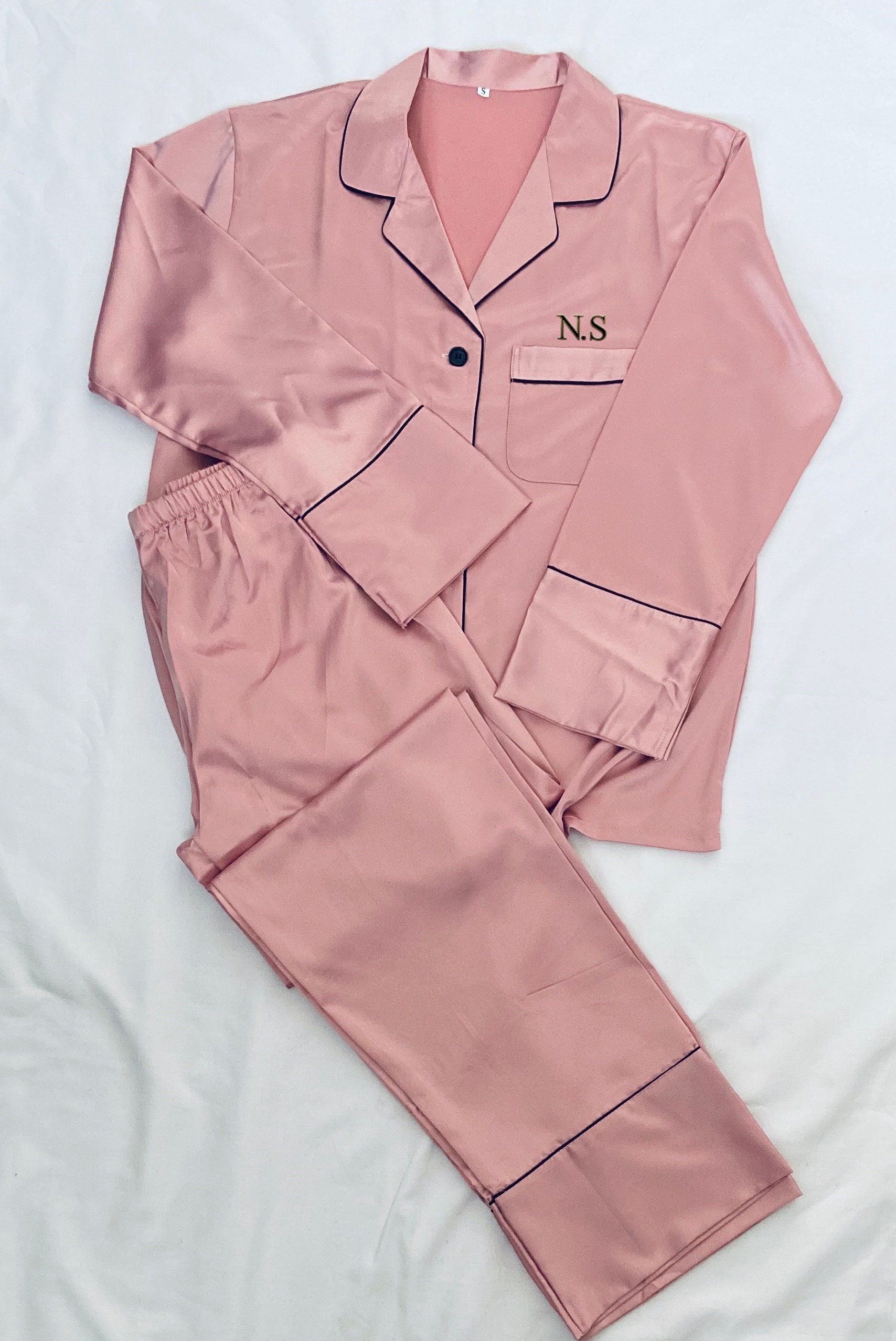 Personalised Embroidered Silky Satin Long Pyjamas Set - Etsy UK