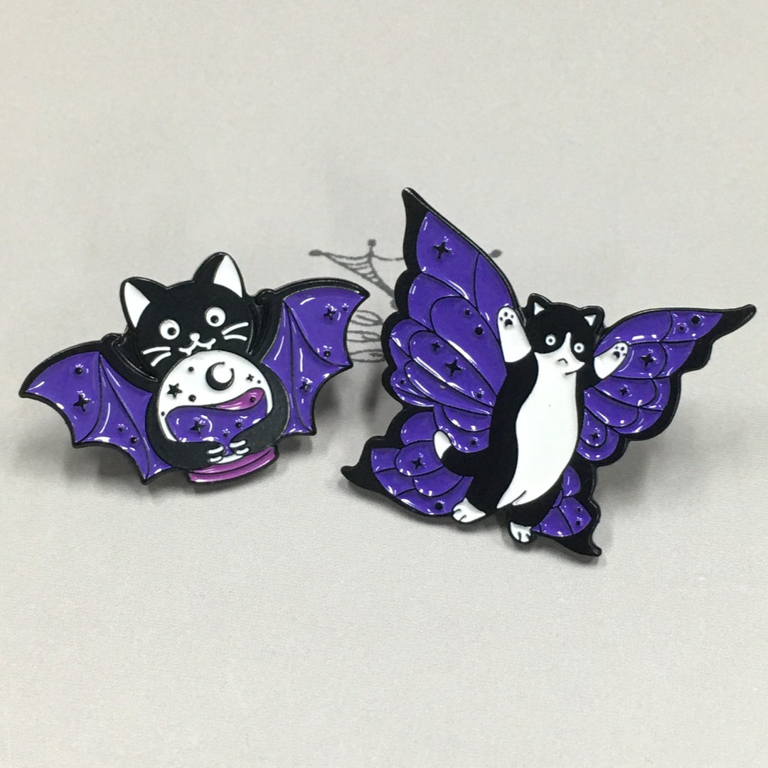 Purple Bat Cat Enamel Pins, Butterfly Cat Pin, Cute Cat Badges Kawaii ...