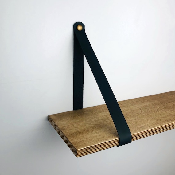 Black leather shelf support brackets Floating shelf straps | Etsy