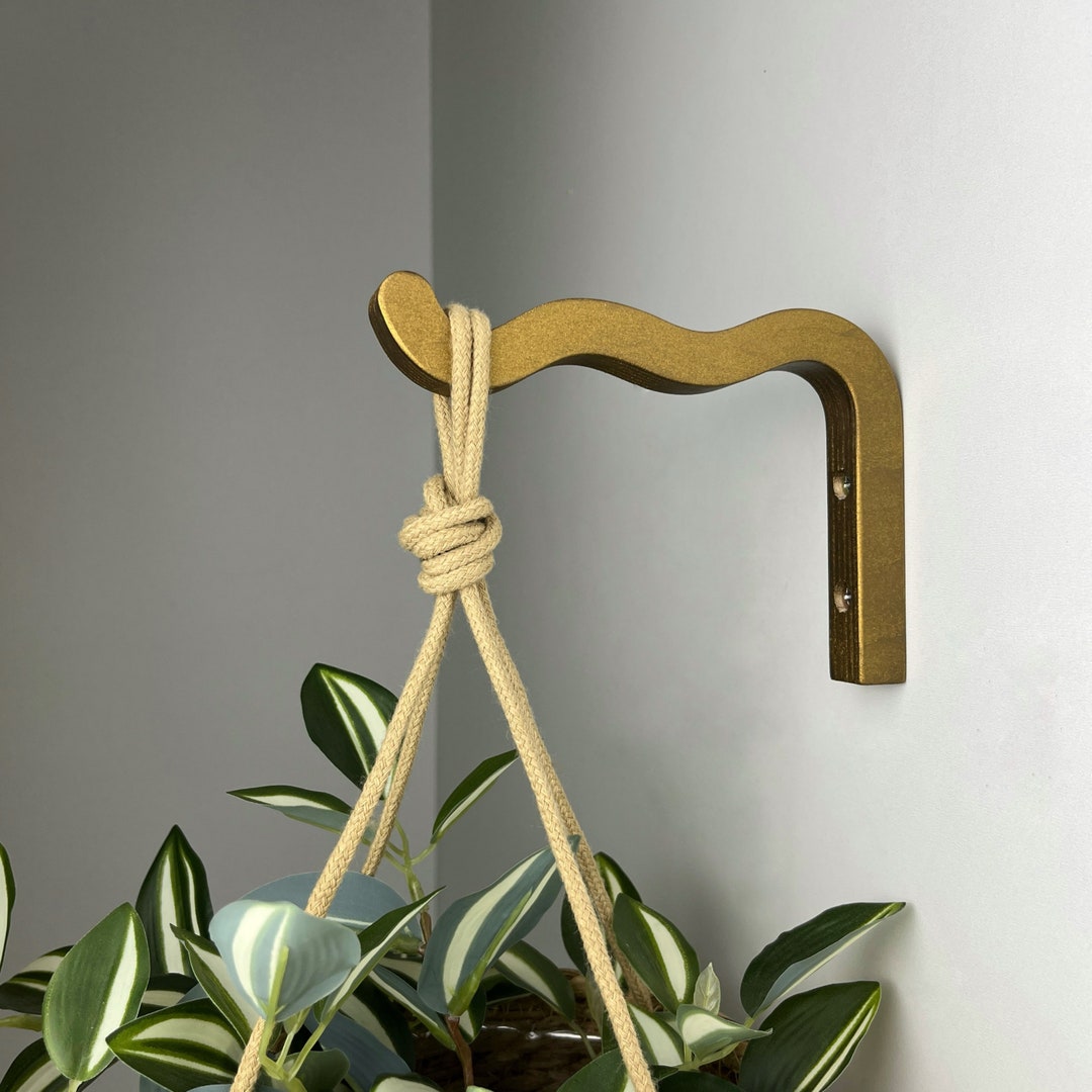Brass Color Plant Bracket for Wall, Wooden Wavy Plant Hook for Planter ...
