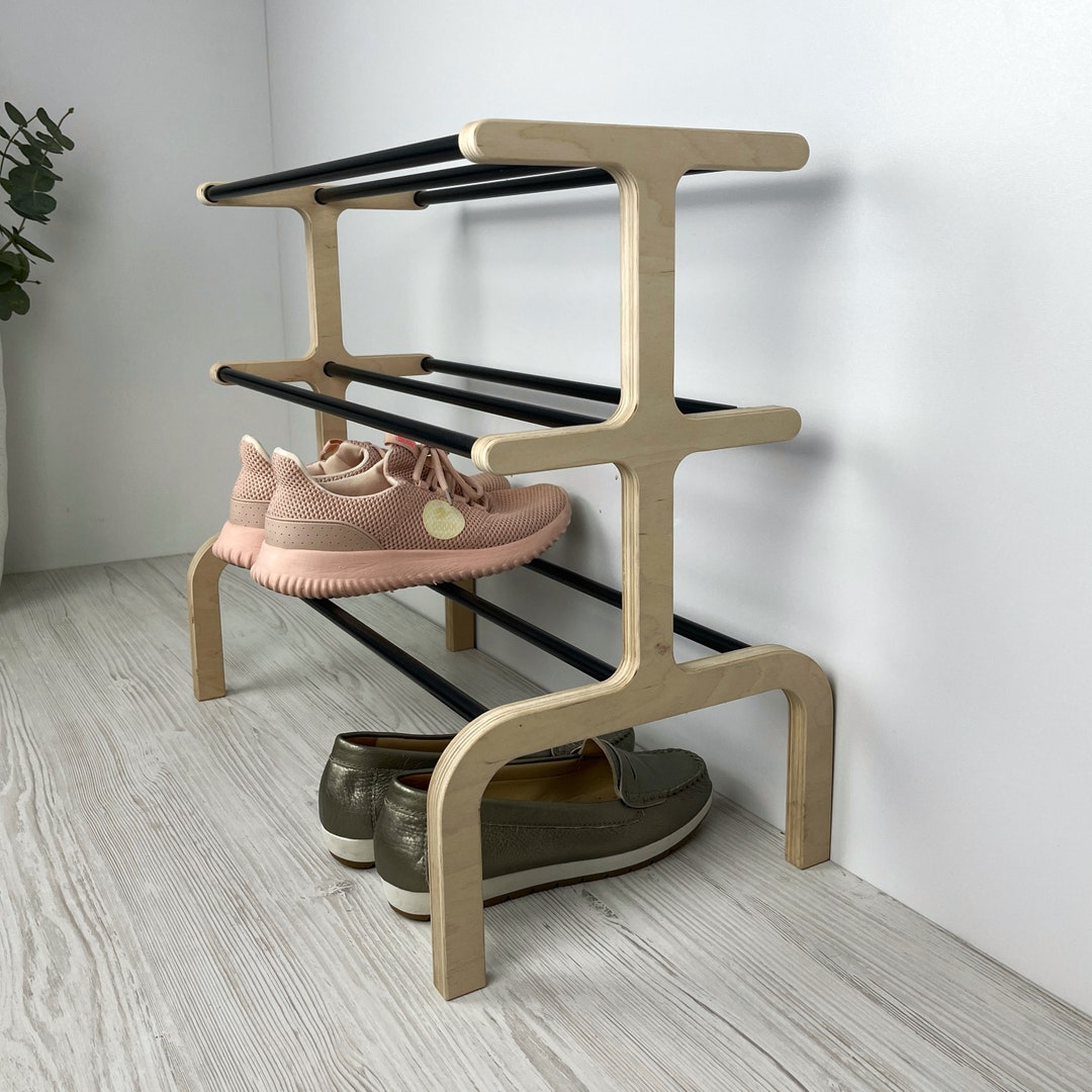 3 Tier Free Standing Shoe Rack for Entryway | Wood and Metal Shoe ...