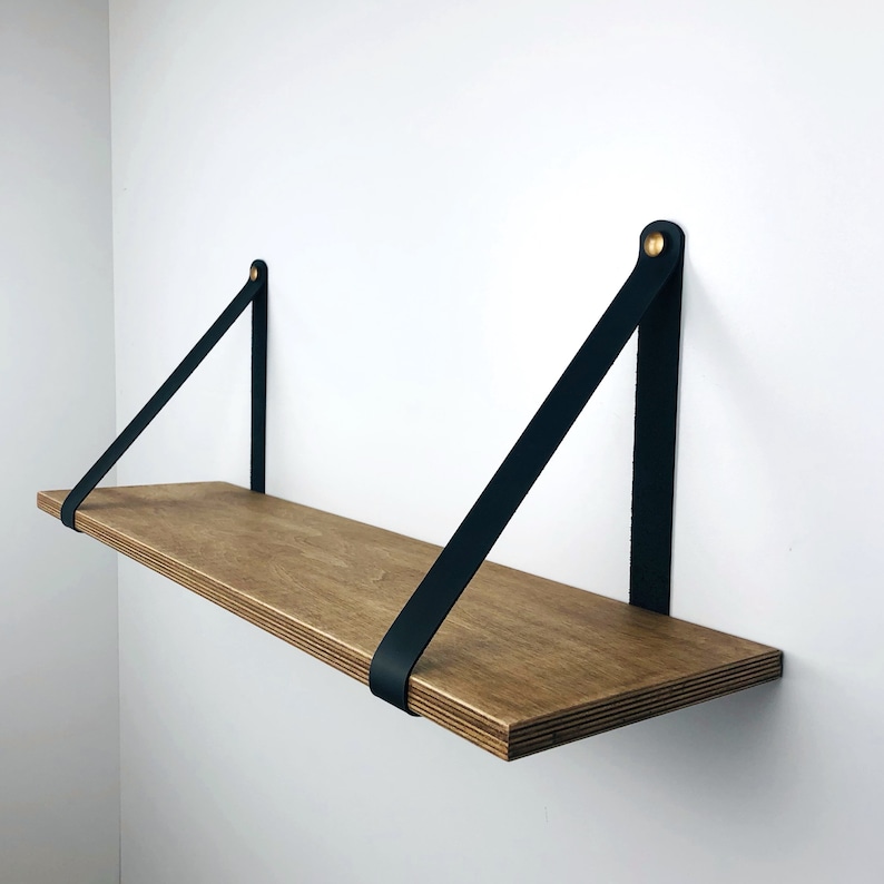 Black leather shelf support brackets Floating shelf straps | Etsy