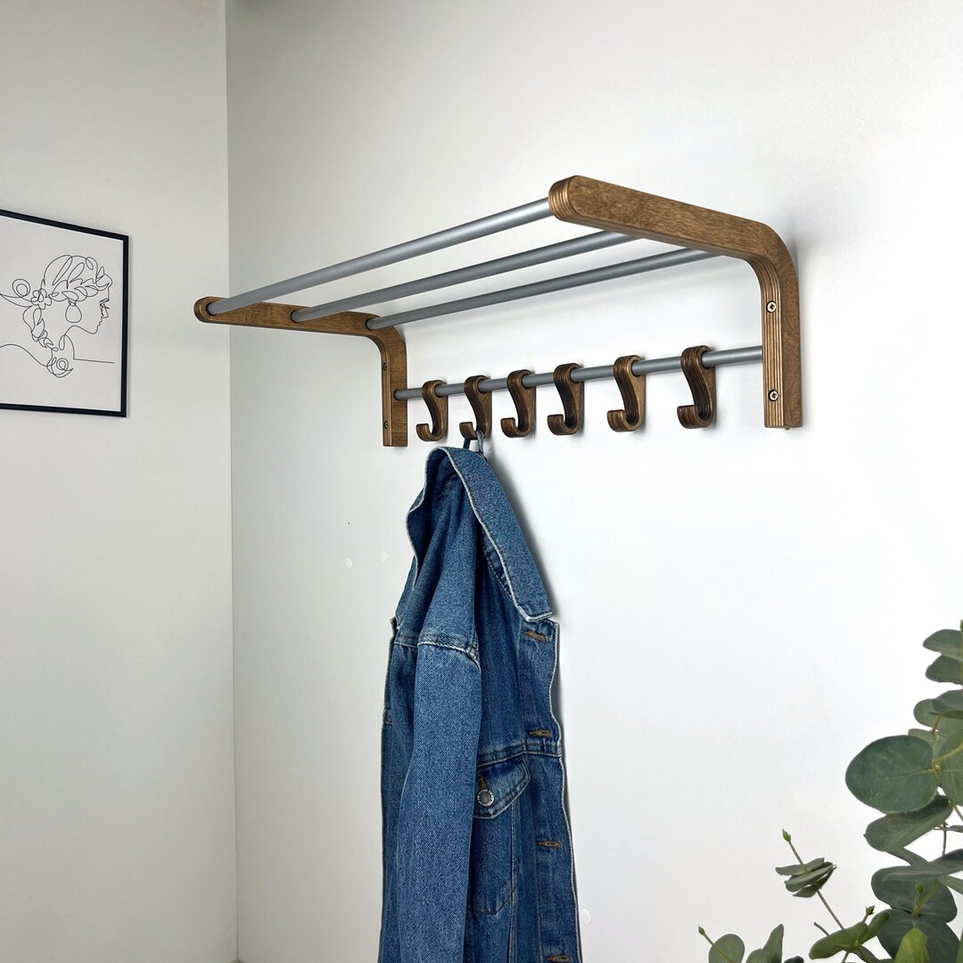 Entryway Wooden Coat Rack With Shelf | Modern Coat Rack With Hooks and ...