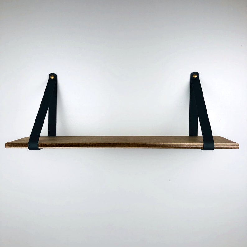 Black leather shelf support brackets Floating shelf straps | Etsy