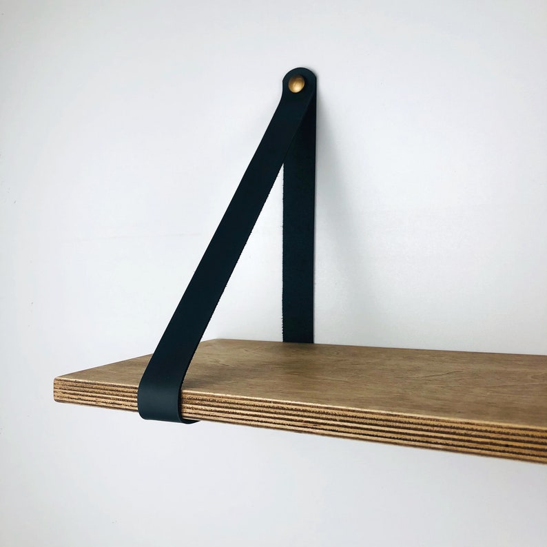 Black leather shelf support brackets Floating shelf straps | Etsy