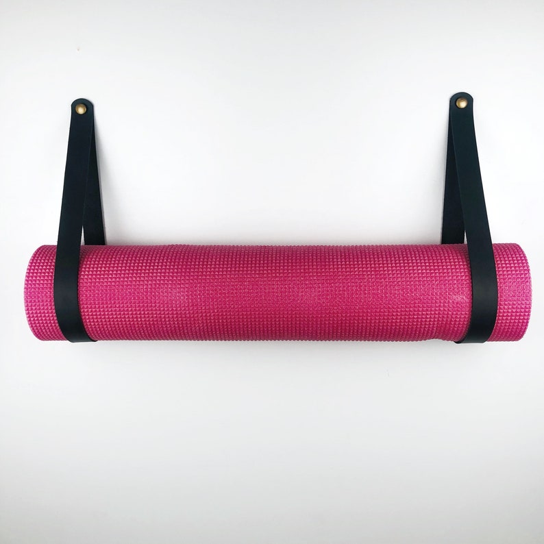 Yoga Mat Wall Rack Workout Gym Mat Holder Black Leather Strap Hanger ...
