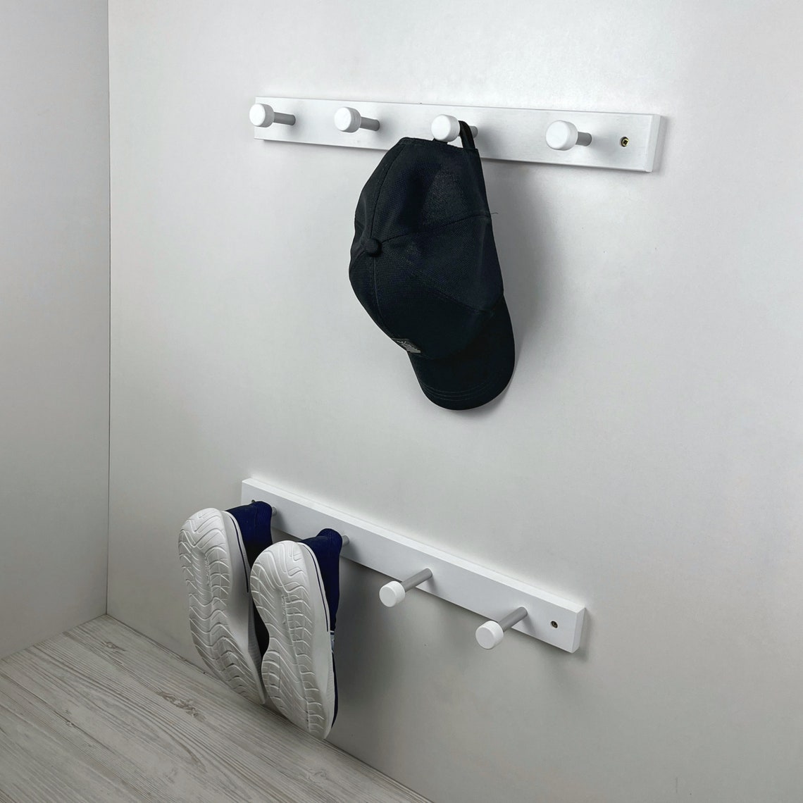 Modern White Peg Rail Coat Rack | Wall Mount Wood and Metal Hooks ...