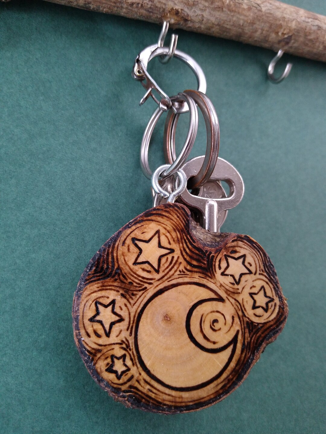 Star and Moon Pyrography Keyring Handmade in Wales Hazel - Etsy
