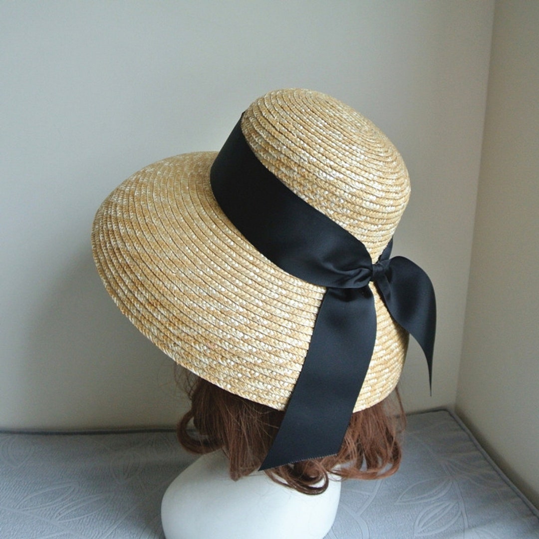 Hepburn Style Straw Hat Women Black Ribbon Wide Brim Straw Hat Etsy