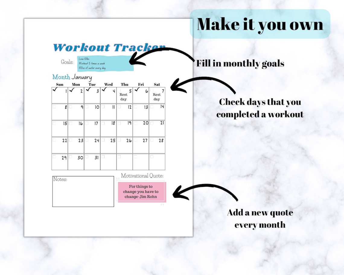 Workout Tracker Printable Calendar Two Sizes Available 8.5x11 - Etsy