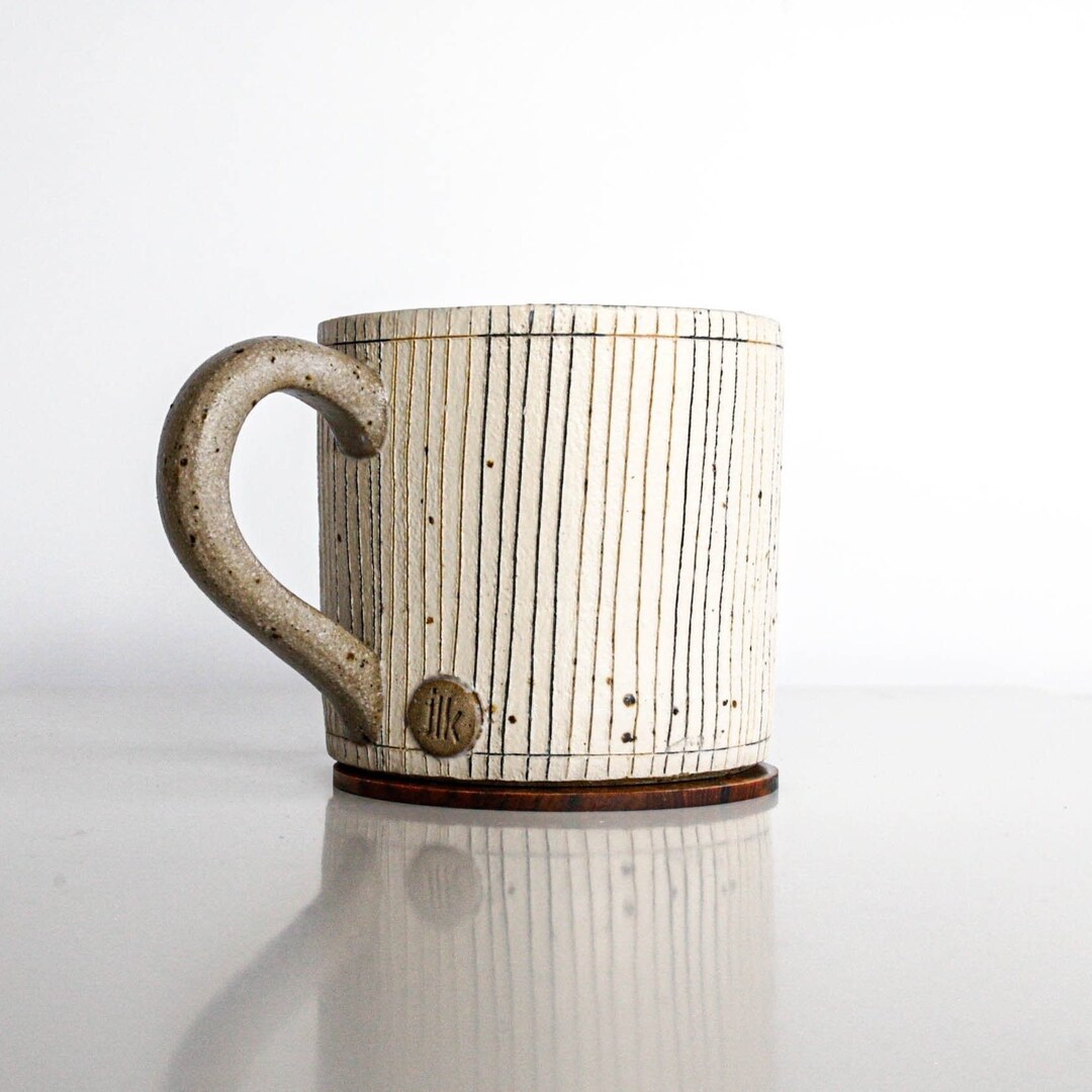 Midi White Mishima Etched Ceramic Mug, Handmade Pottery Cup, Minimal ...