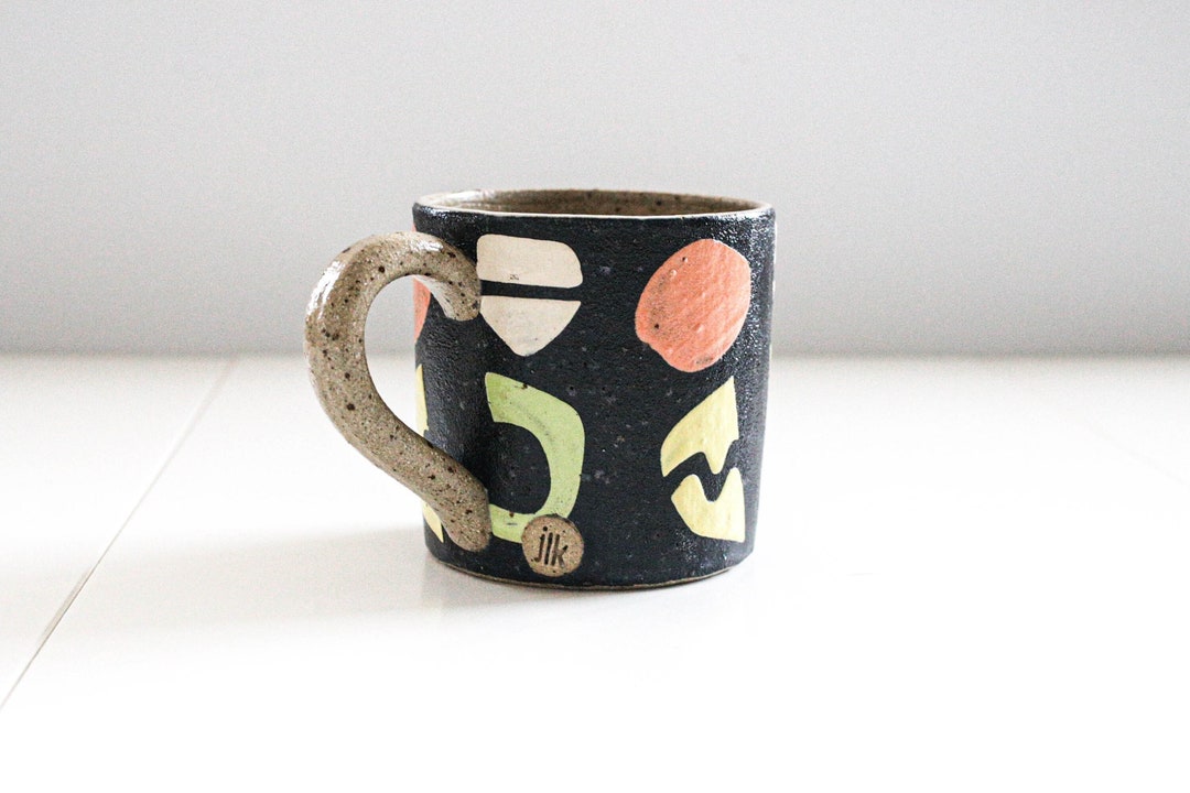 Tactile Embossed Colourful CUT OUTS Black Mug, Handmade Matte Glaze ...
