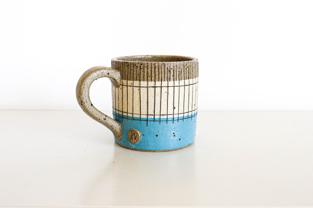 Handmade Midi Ceramic Mug SKY BLUE Mishima Pottery Cup Rustic Kitchen ...