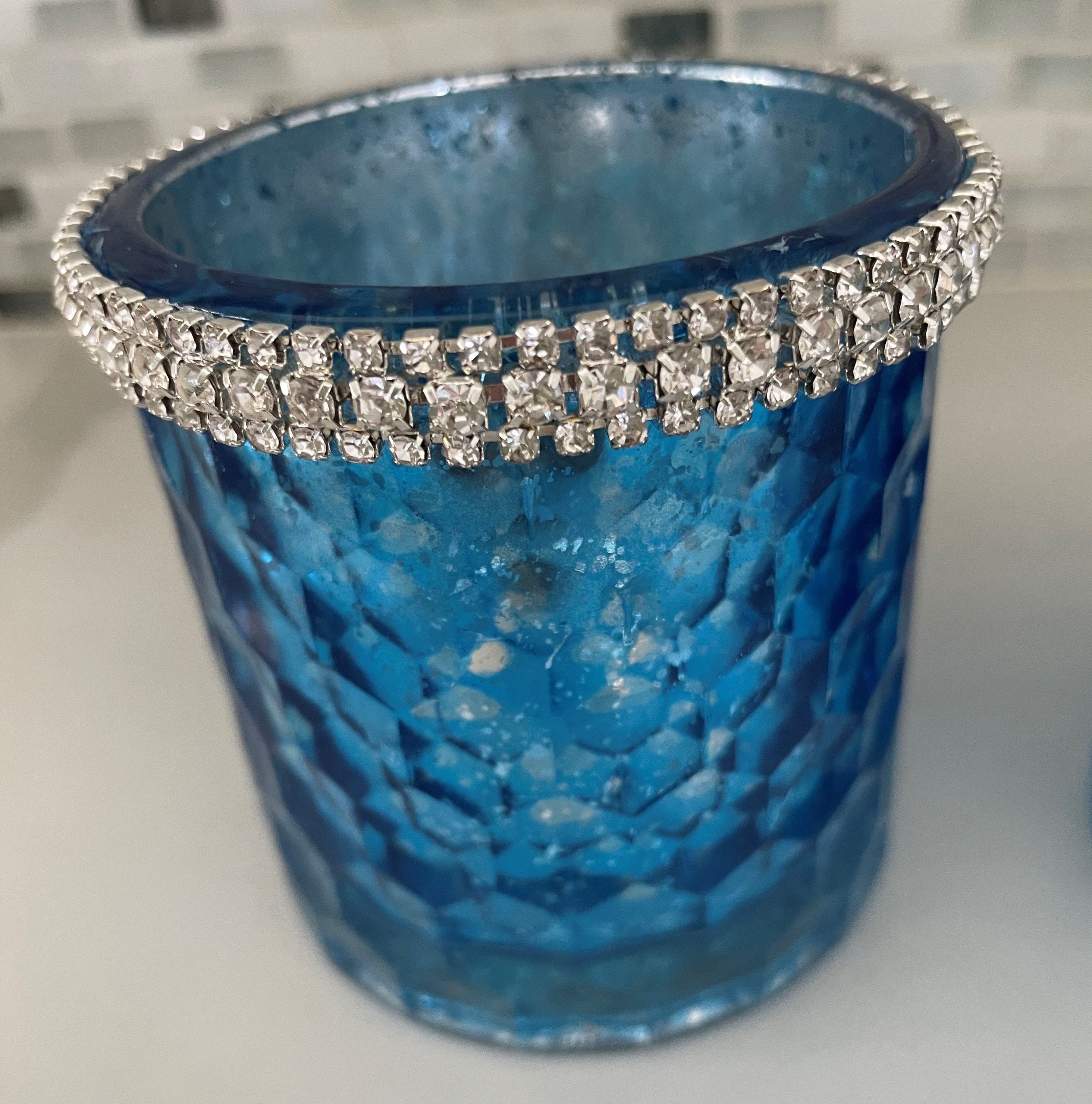 Blue Mercury Glass Candle Holder With Rhinestone Bling, Mercury Glass ...
