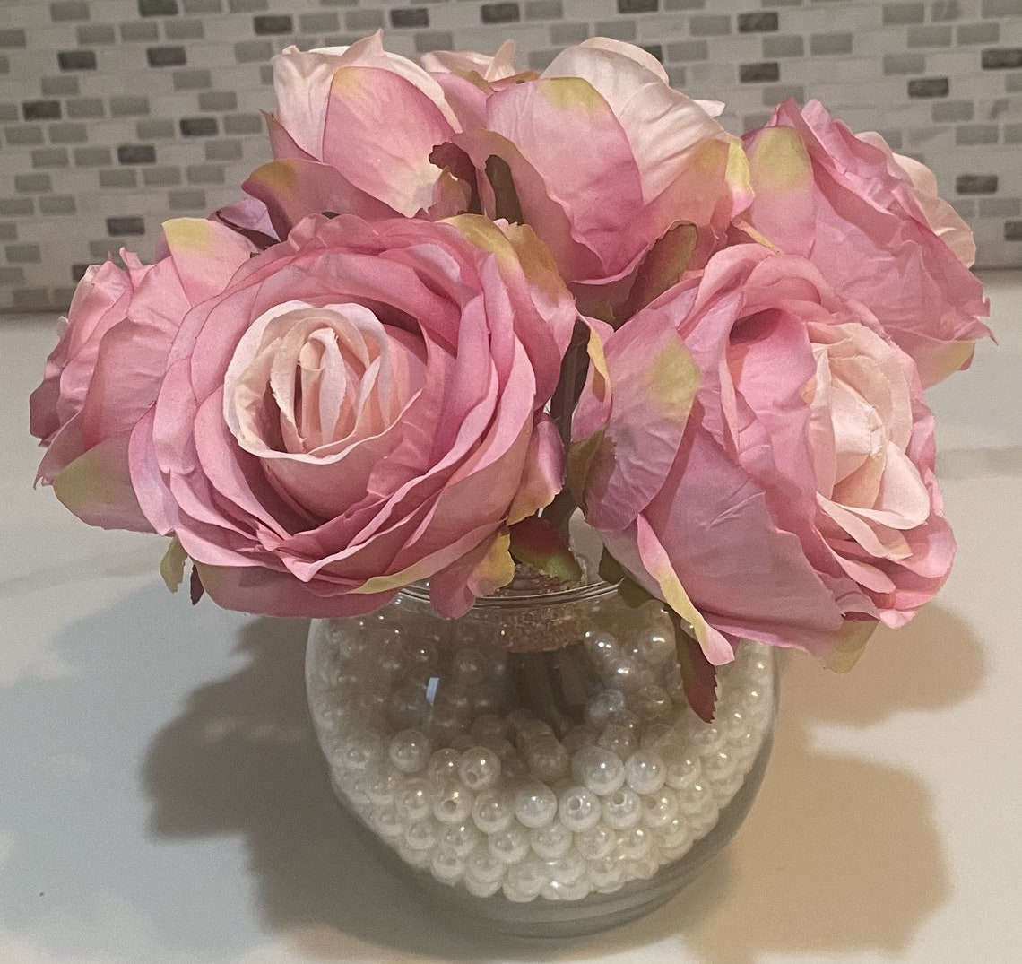 Mother's Day Gift, Pink Peonies in Fish Bowl Vase With Pearl Vase ...