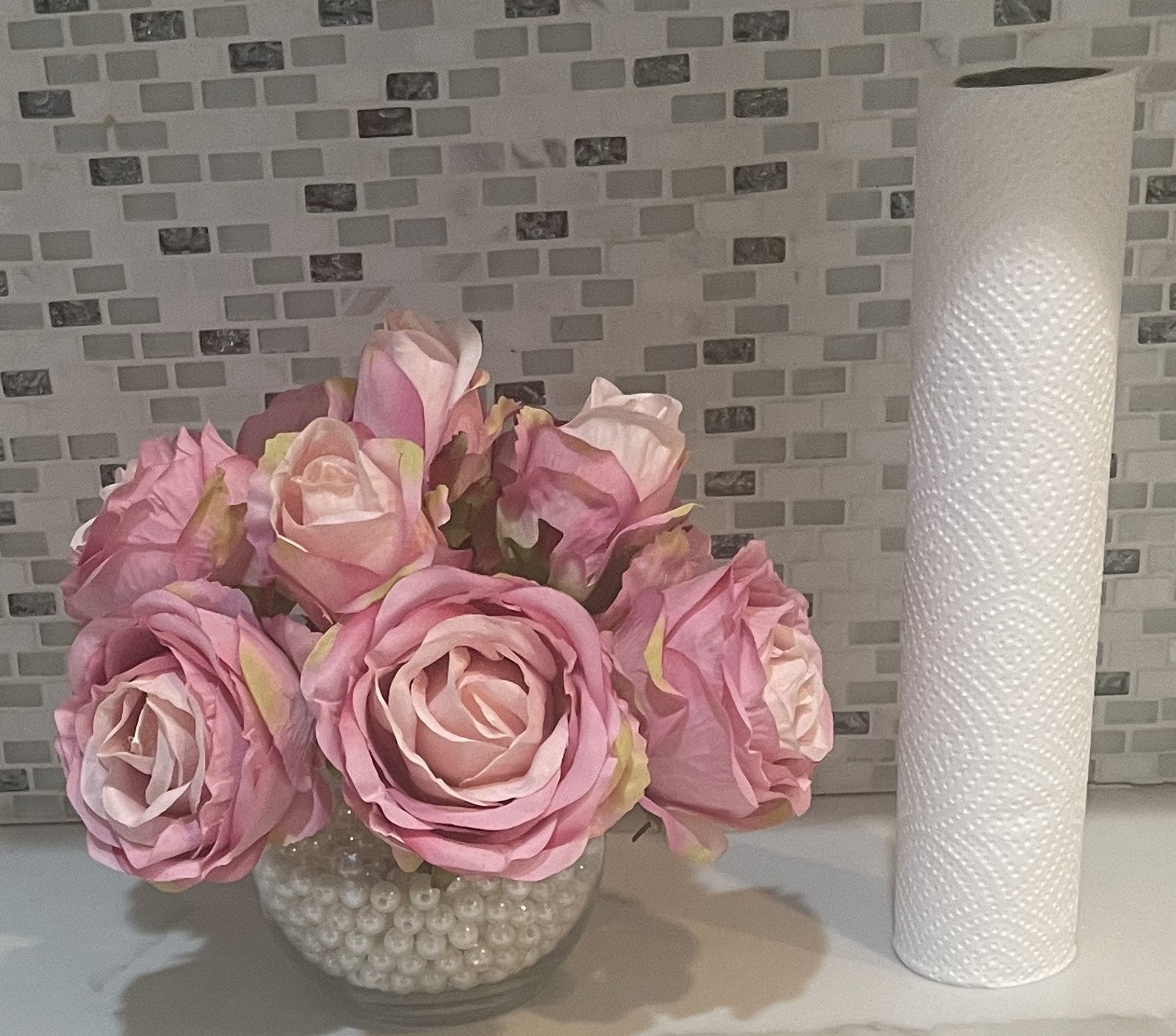Mother's Day Gift, Pink Peonies in Fish Bowl Vase With Pearl Vase ...