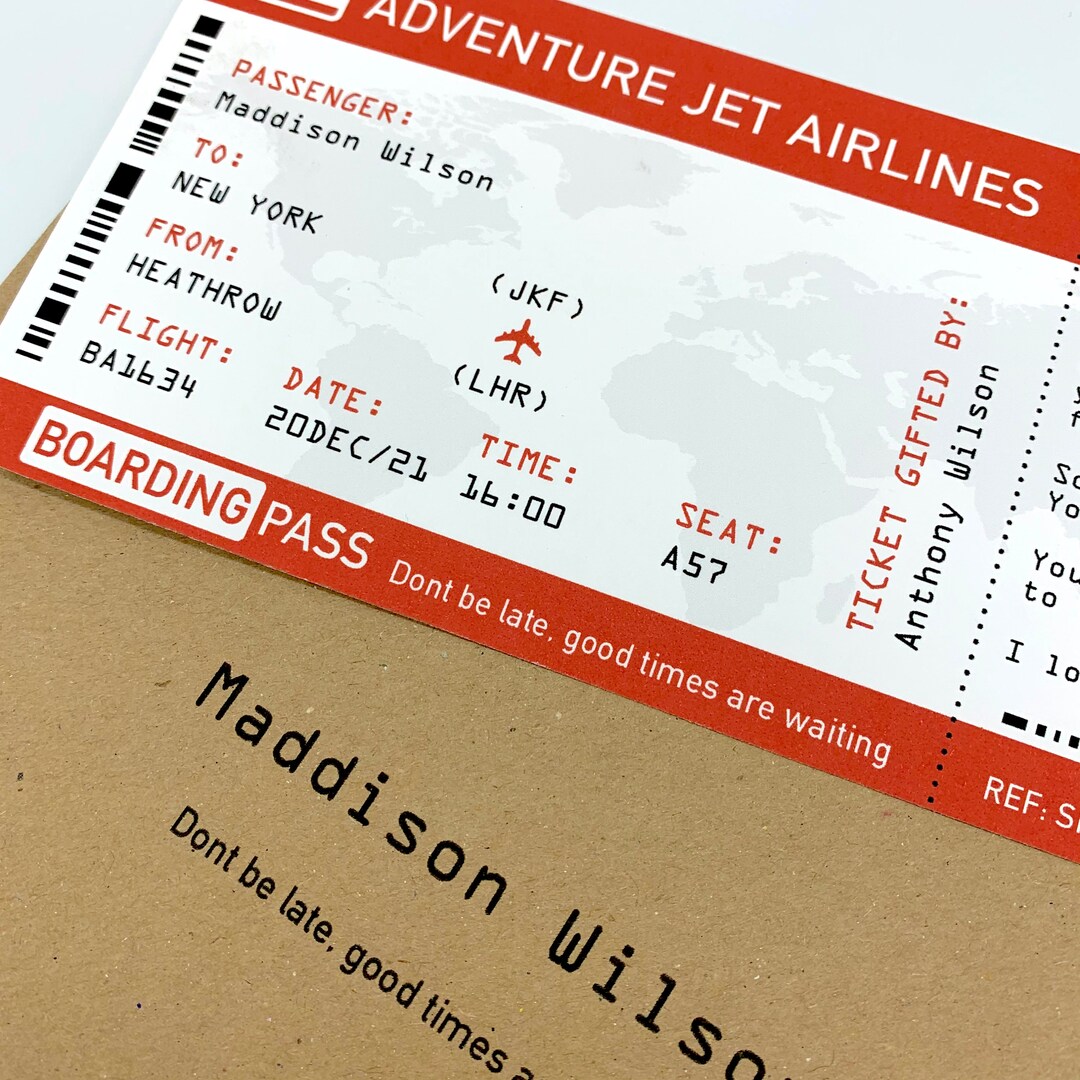 Surprise Boarding Pass Card and Envelope. Green, Red or Blue Ticket ...