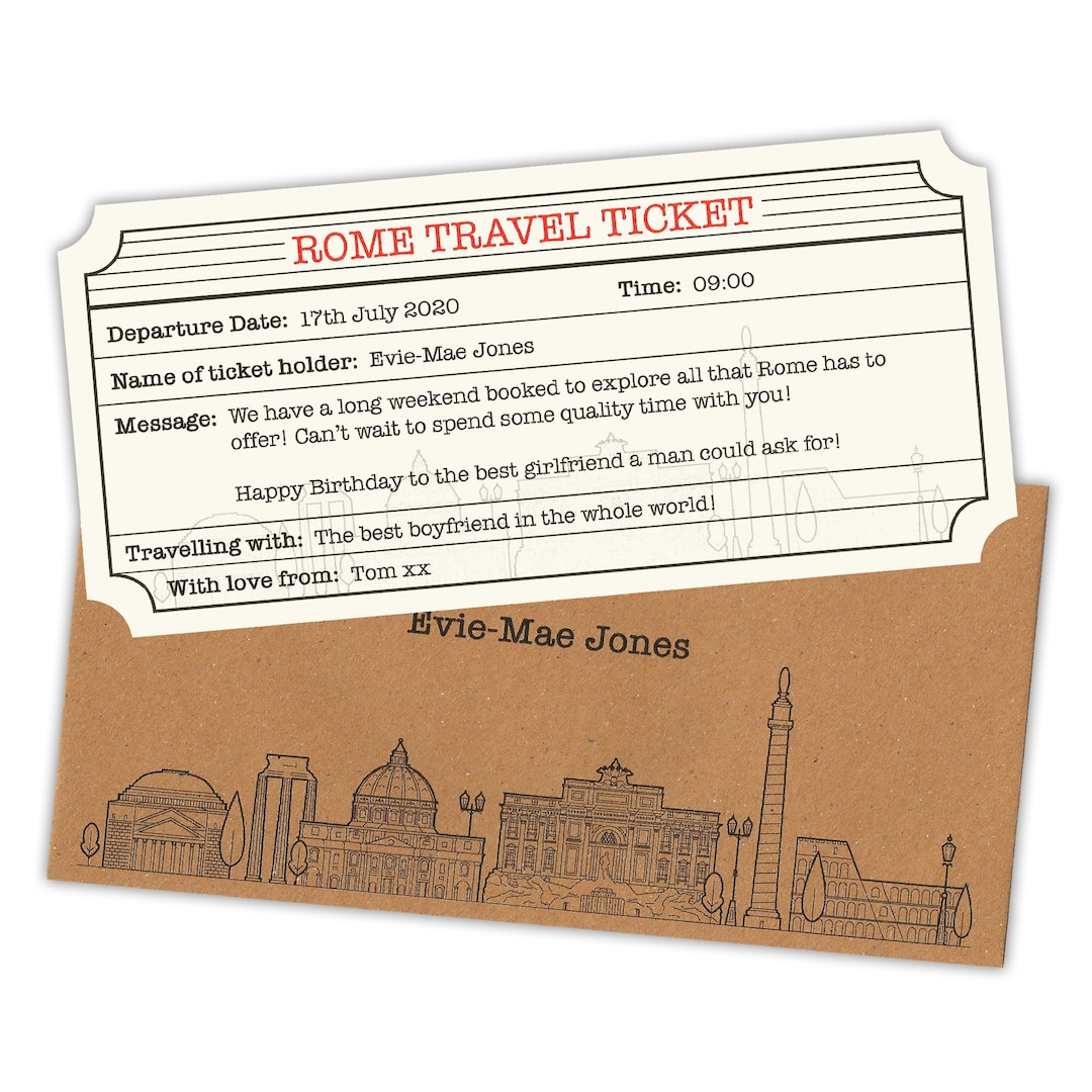 Rome Personalised Travel Ticket and Envelope. Rome Themed Ticket ...