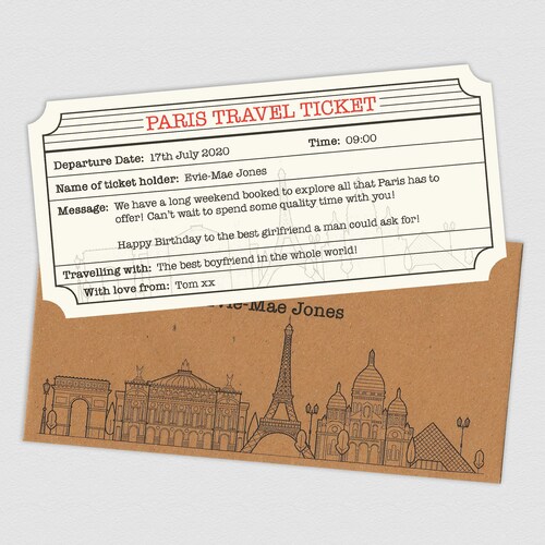 Paris Personalised Travel Ticket and Envelope. Paris Themed - Etsy UK