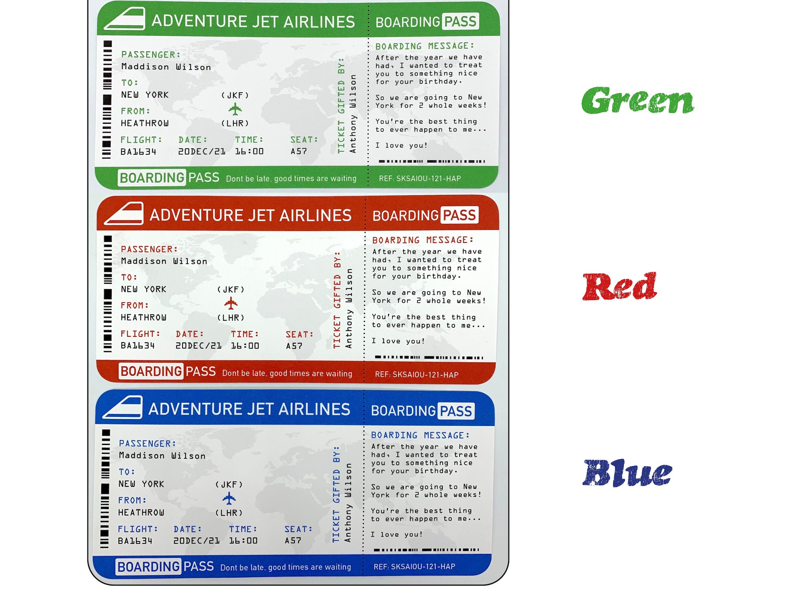 Surprise Holiday Boarding Pass and Envelope. Green, Red or Blue Ticket ...
