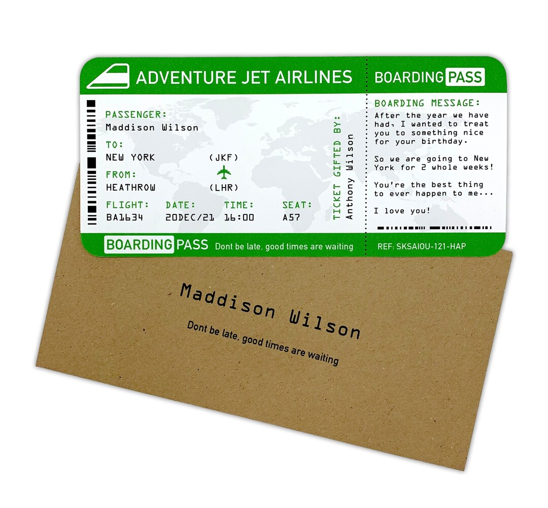 Surprise Holiday Boarding Pass and Envelope. Green, Red or Blue Ticket ...