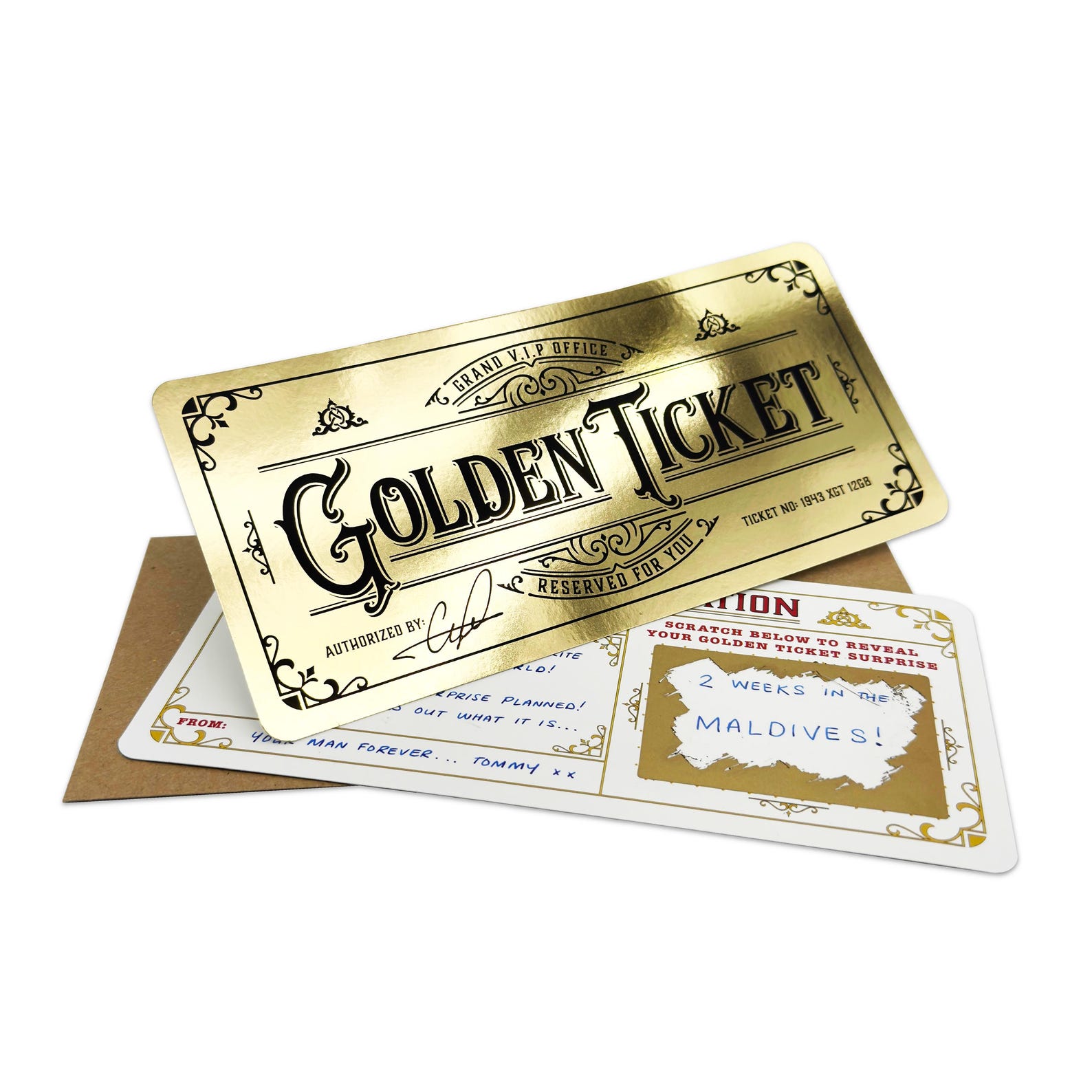 Deluxe Golden Ticket Scratch & Reveal Card With Envelope. Perfect for ...