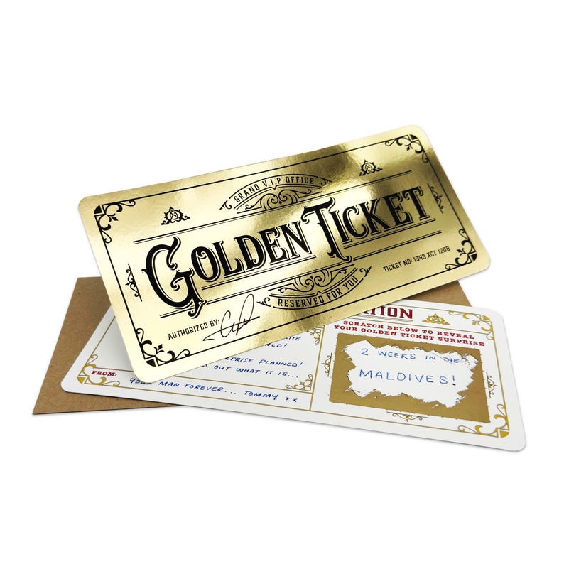 Deluxe Golden Ticket Scratch & Reveal Card With Envelope. Perfect for ...
