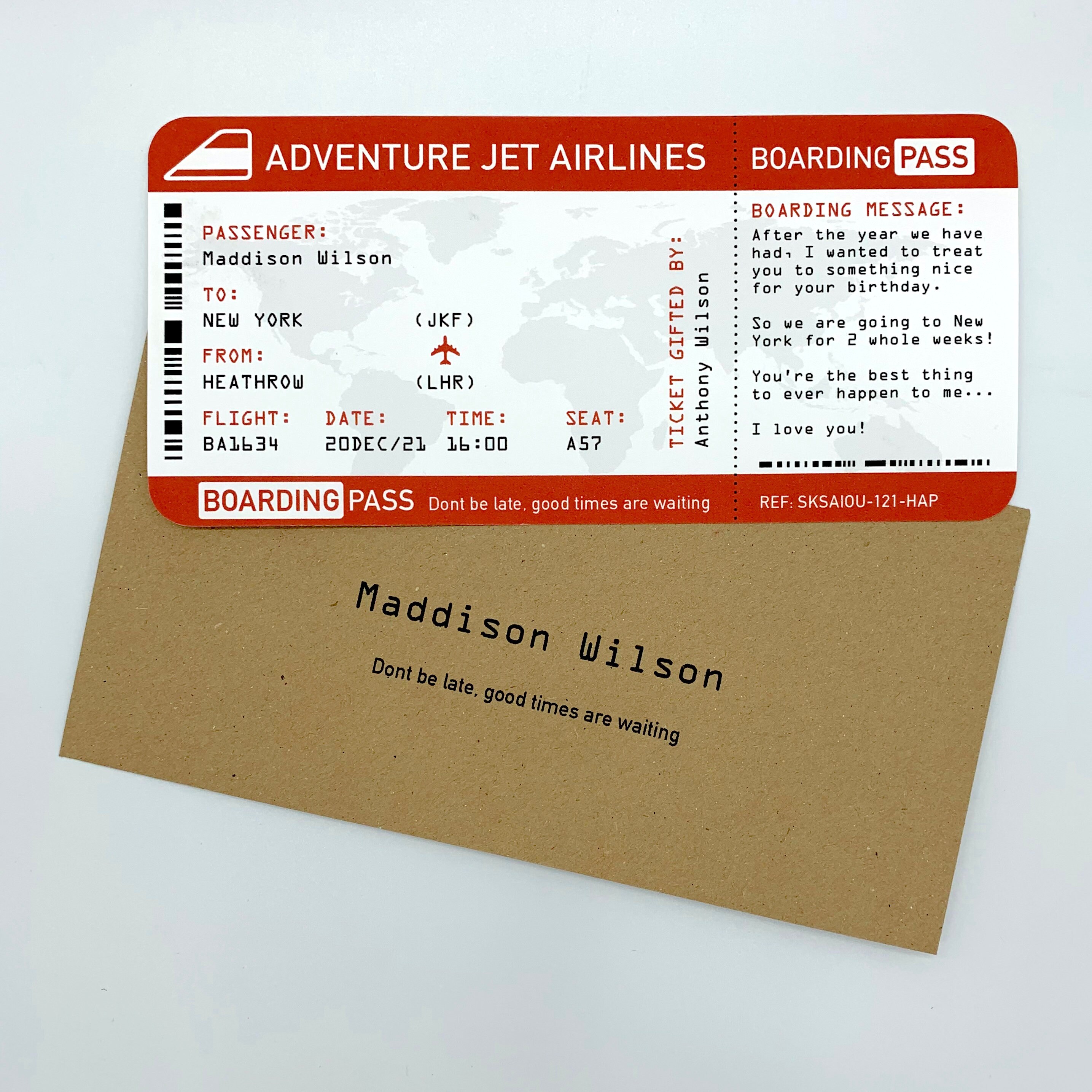 Surprise Holiday Boarding Pass and Envelope. Green, Red or Blue Ticket ...