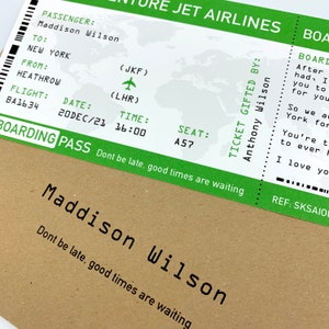 Surprise Boarding Pass Card and Envelope. Green, Red or Blue Ticket ...