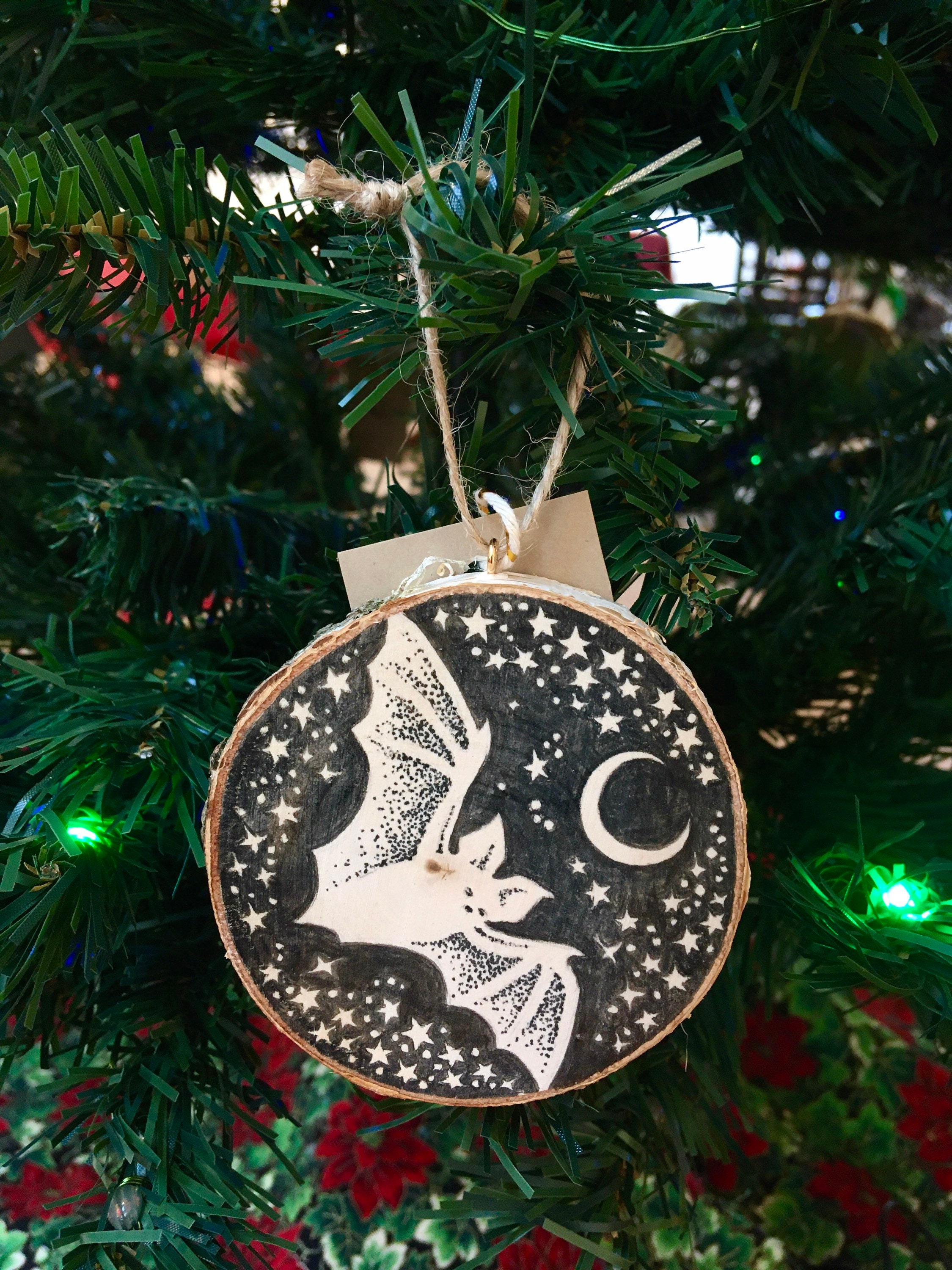 Bat Christmas Ornament | Original Drawing on Birch Wood - Etsy