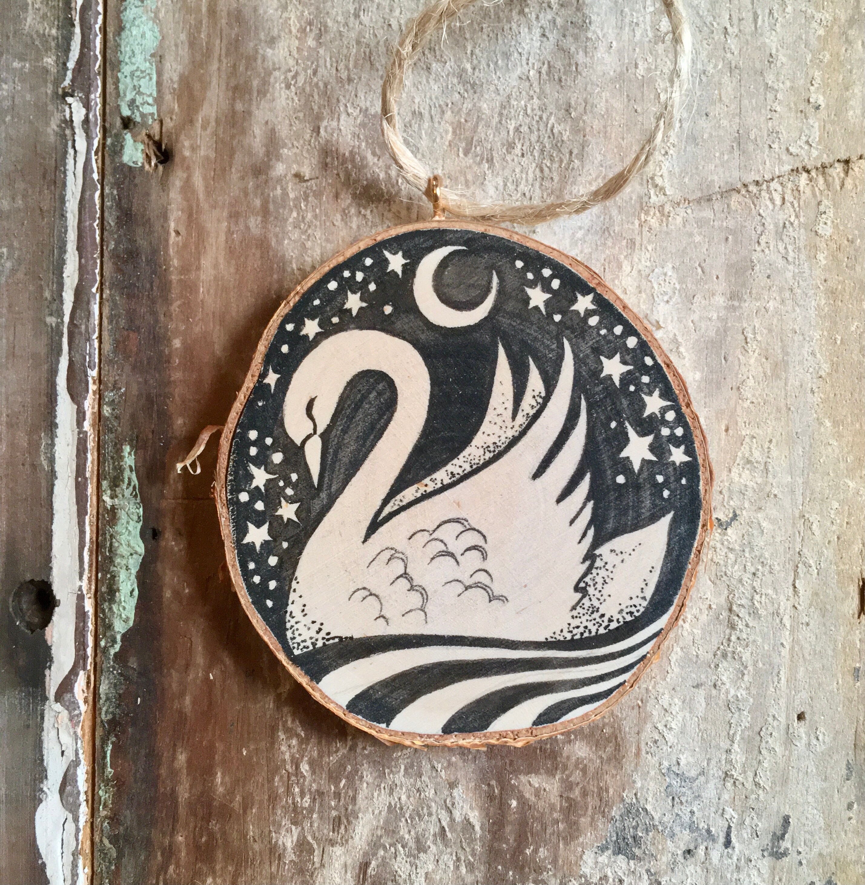 Swan Christmas Ornament | Original Drawing on Birch Wood - Etsy