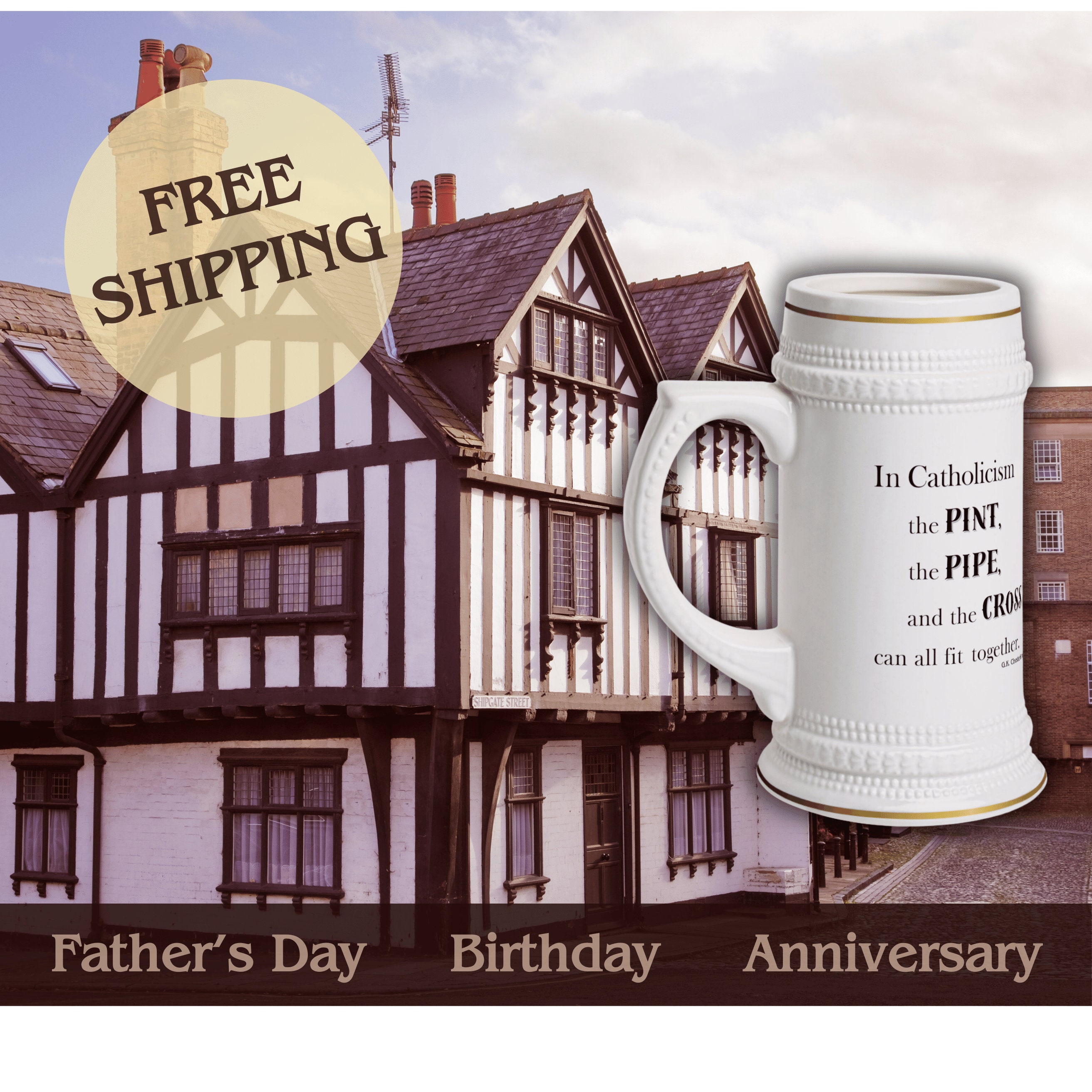 Beer Stein Ceramic 22 Oz Vintage Style GK Chesterton Pint Pipe Cross ...