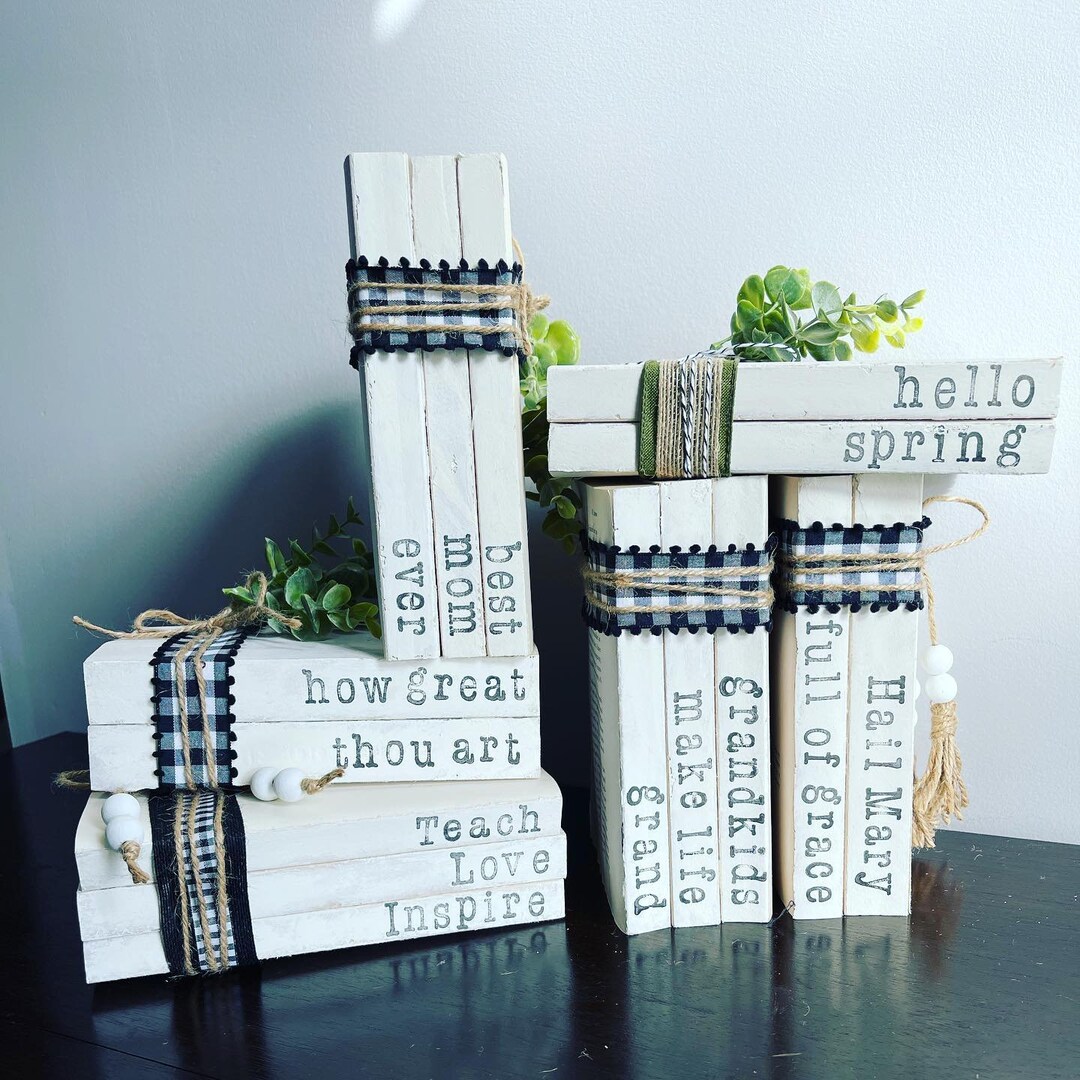 Farmhouse Stamped Books | Black and White Check Book Stack | Hand ...