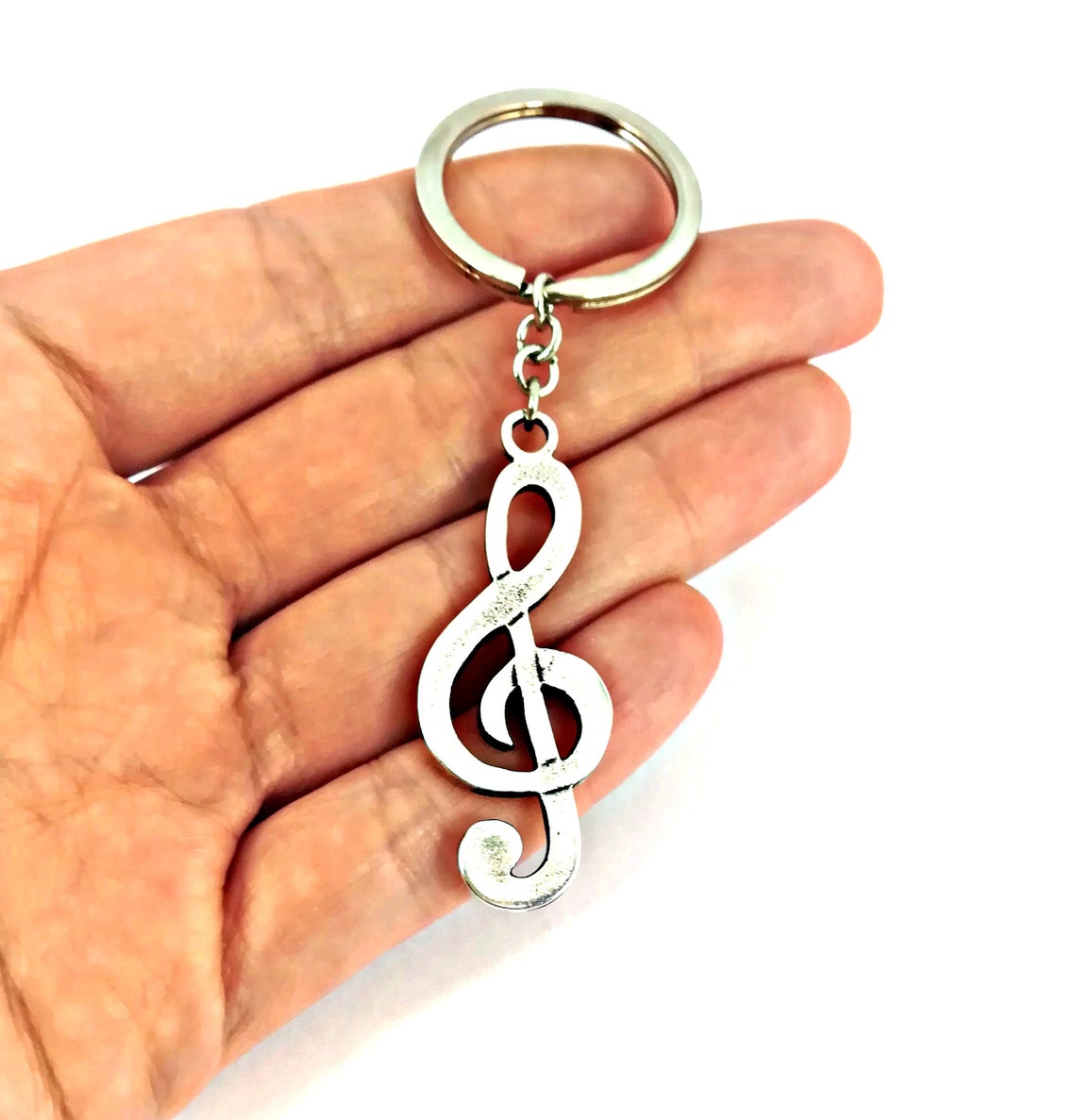 Keychain With Silver Plated Key of Sol Bag Charms Rear View - Etsy