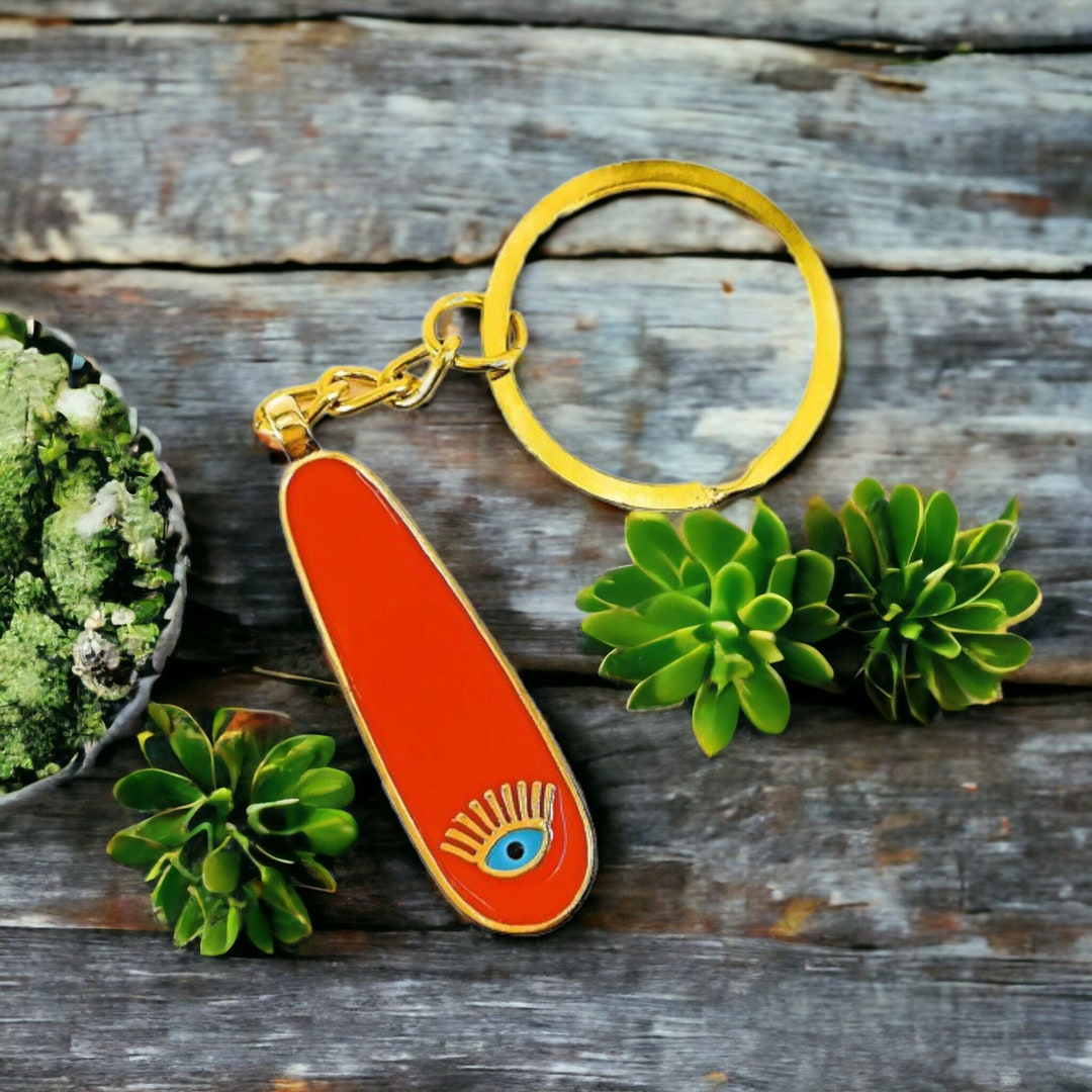 Evil Eye Keychain - Bag Charm in Gold, Orange and Blue Color - Greek ...