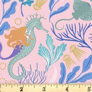 Lewis & Irene Moontide Fabric Collection Metallic Gold Mermaids on Pink ...