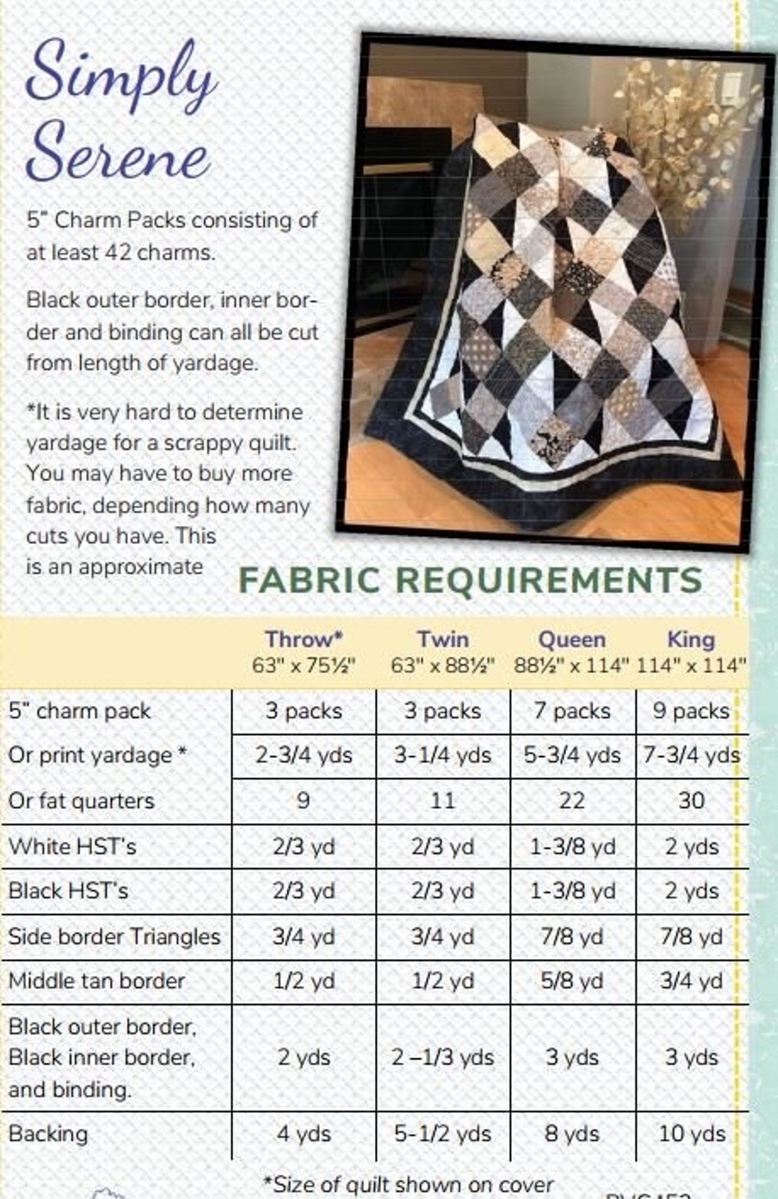 Pleasant Valley Creations Simply Serene Quilt Pattern - 4 Size ...