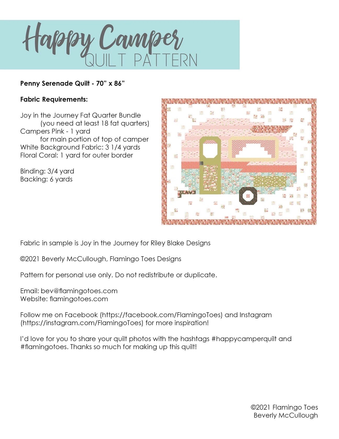 Flamingo Toes Happy Camper Quilt Pattern Finished Size: 86"x70" - Etsy