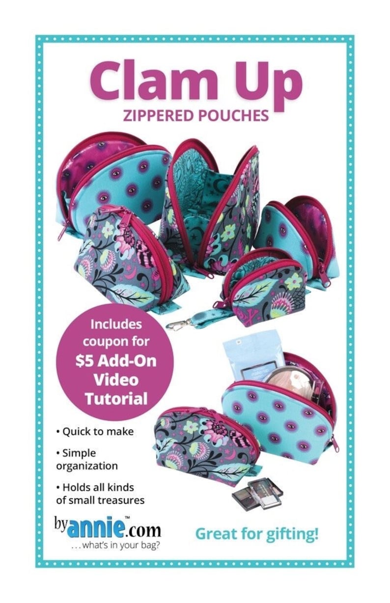 Byannie Clam up Zippered Pouches Bag Pattern - 5 Size Variations per ...