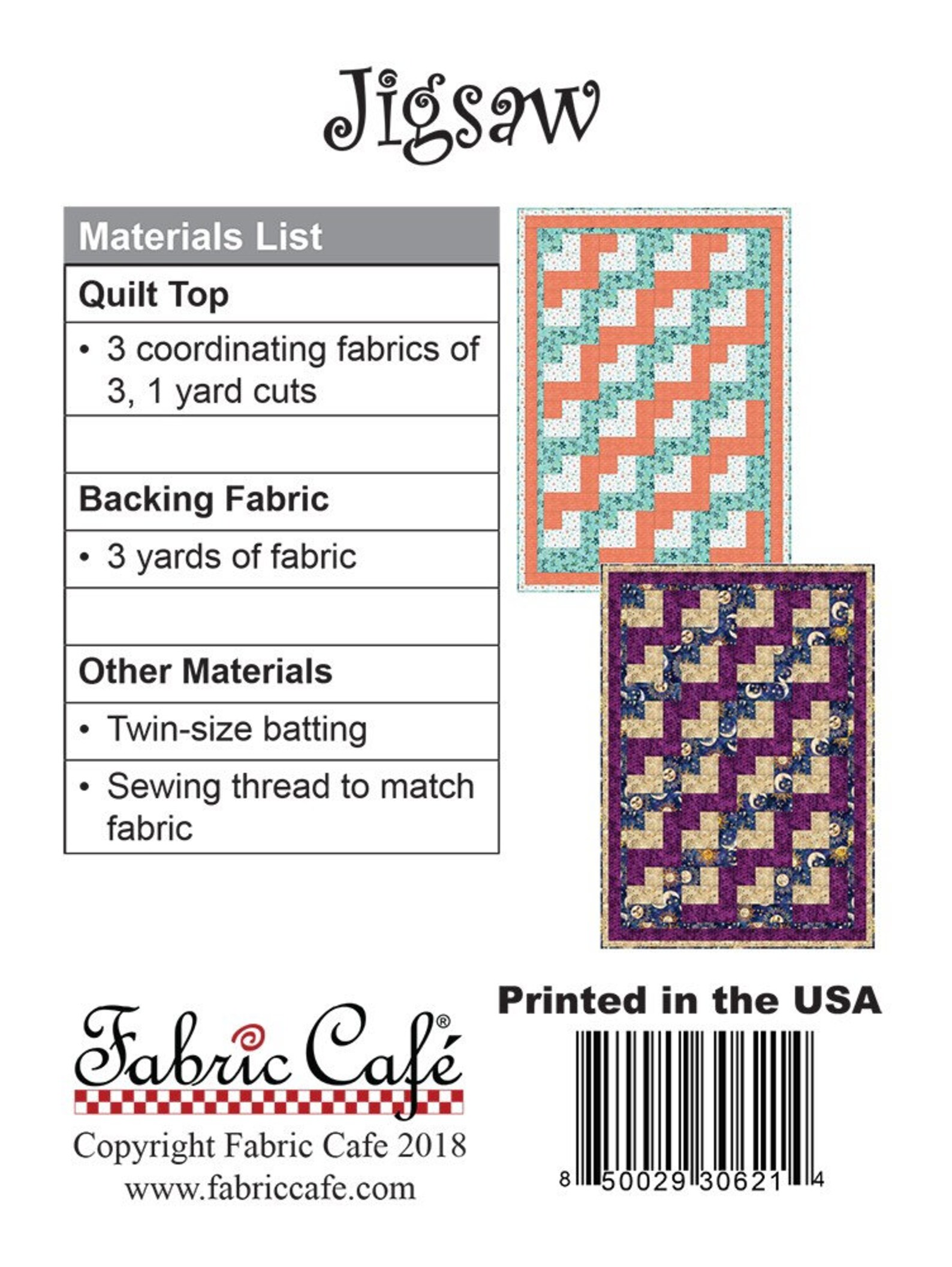 Fabric Cafe Jigsaw Quilt Pattern - Uses Only 3 Yards of Fabric Finished ...