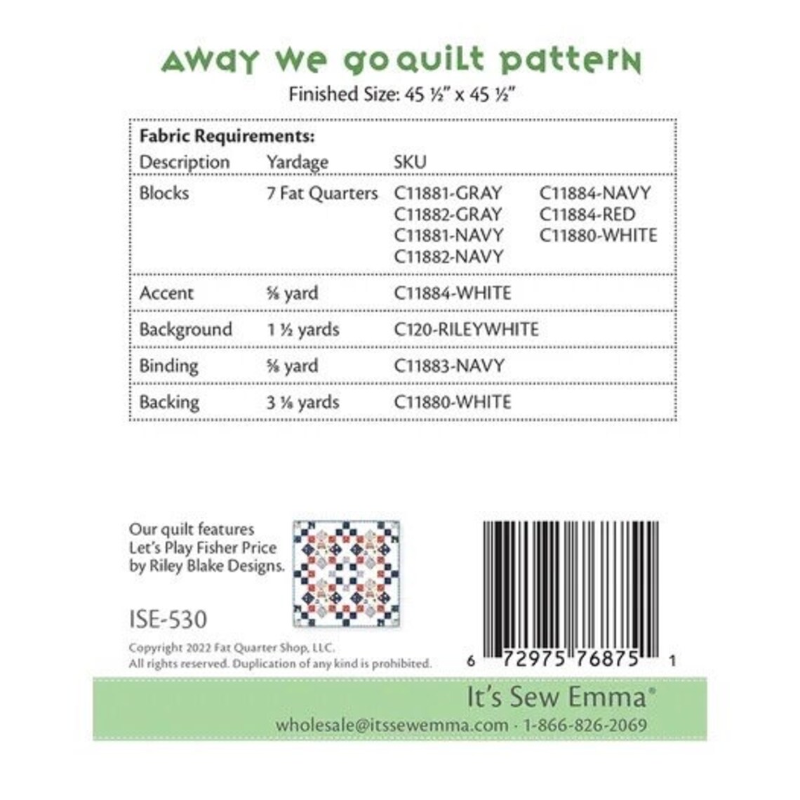 It's Sew Emma Away We Go Quilt Pattern Finished Size: 45.5"x45.5" - Etsy