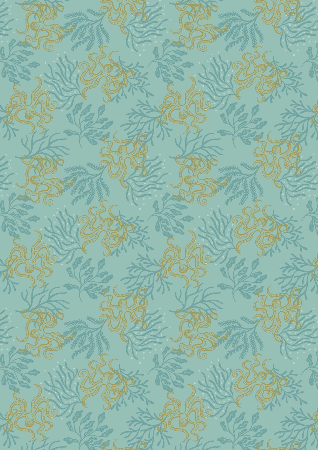 Lewis & Irene Moontide Fabric Collection Metallic Gold Octopus on Aqua ...