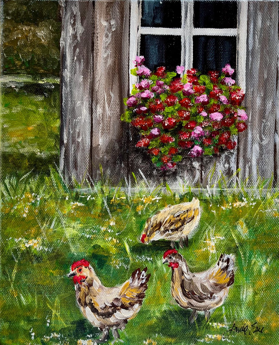 Original Acrylic Painting Chickens and Flowers - Etsy
